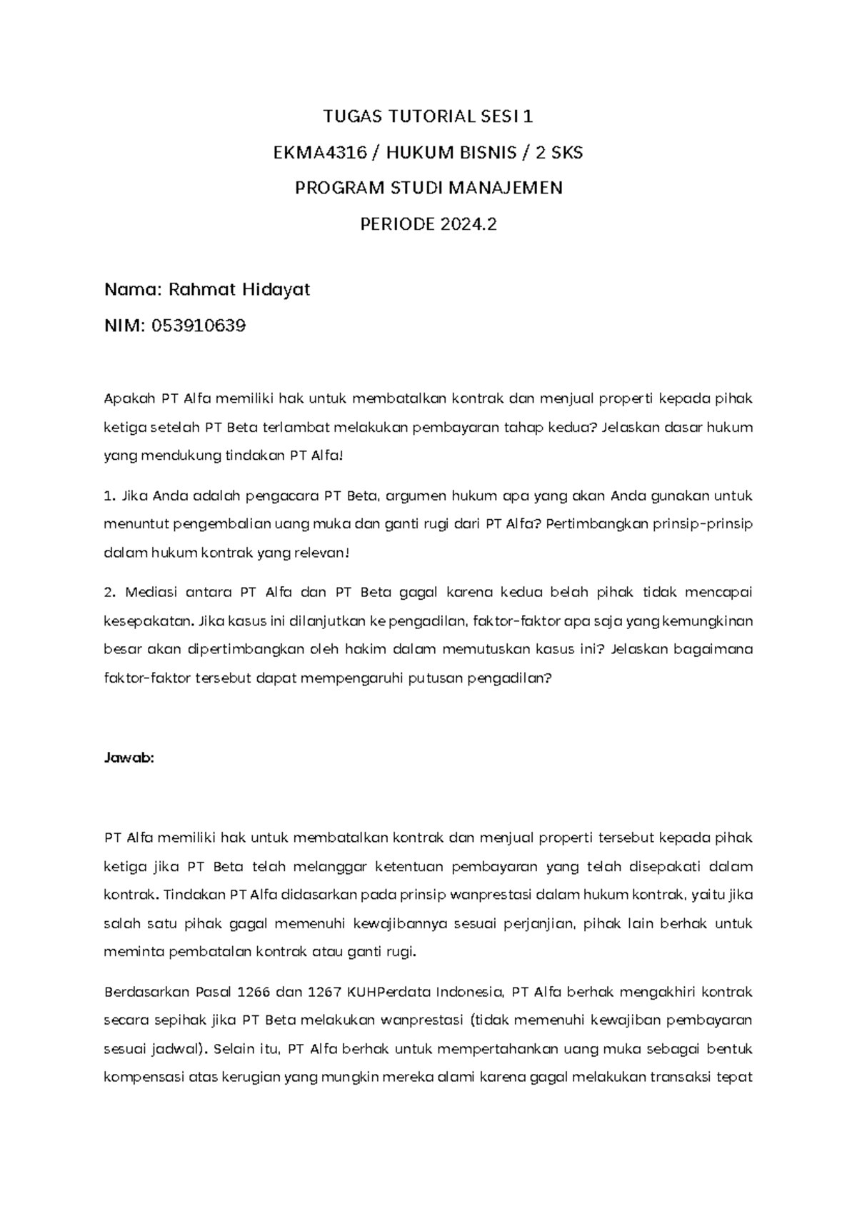 Tugas Tutorial SESI 1 Hukum Bisnis - TUGAS TUTORIAL SESI 1 EKMA4316 / HUKUM BISNIS / 2 SKS ...