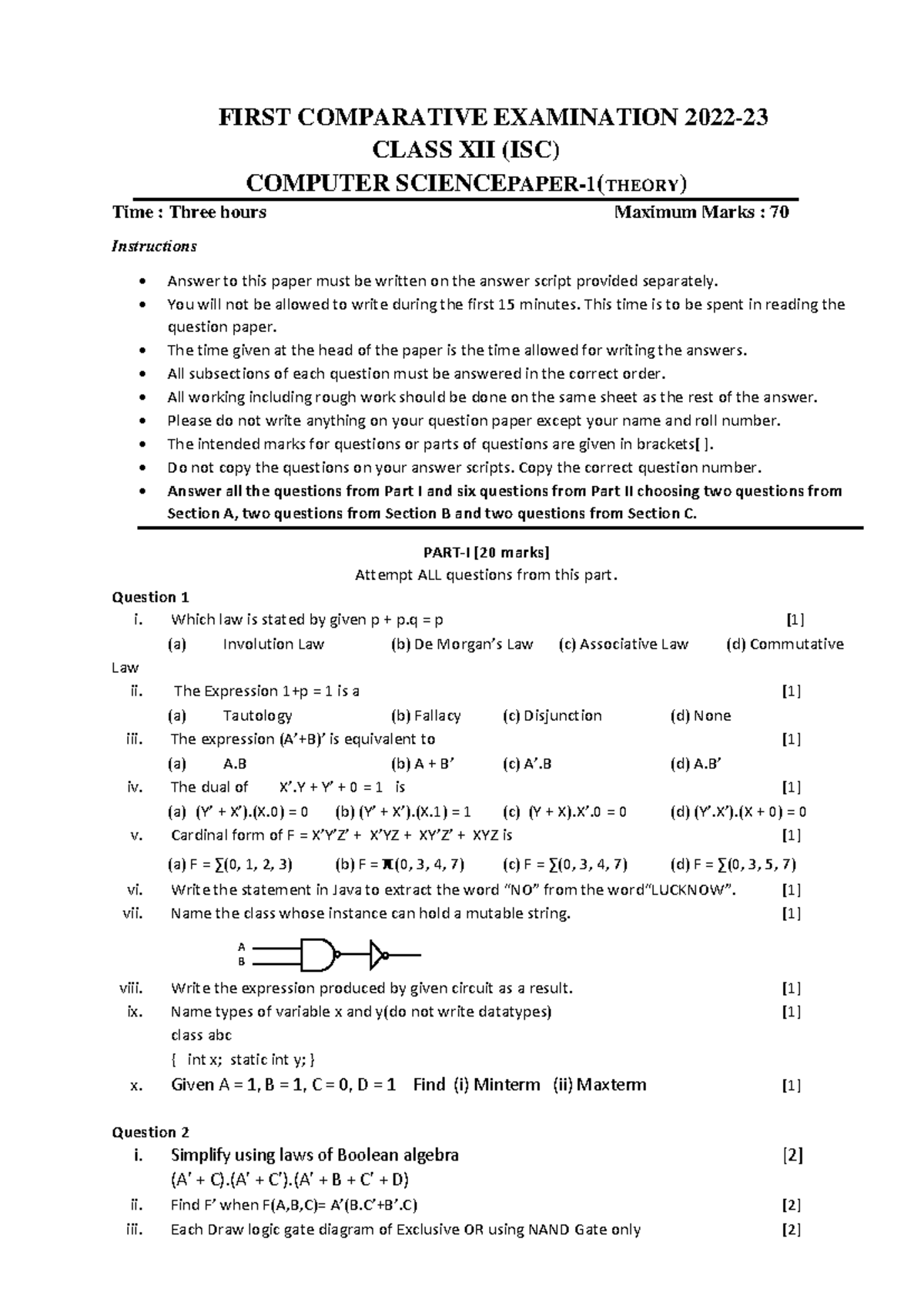 First comparative question paper - FIRST COMPARATIVE EXAMINATION 2022 - 23 CLASS XII (ISC ...