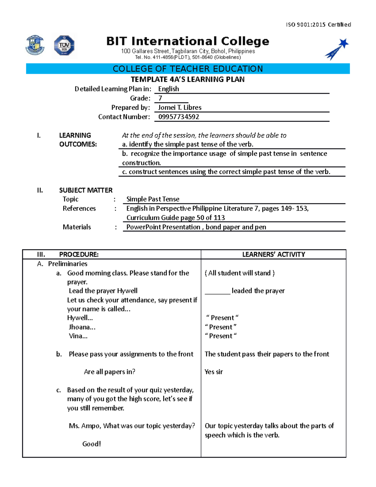 Jomei- Lesson-PLAN - lesson plan - BIT International College 100 ...