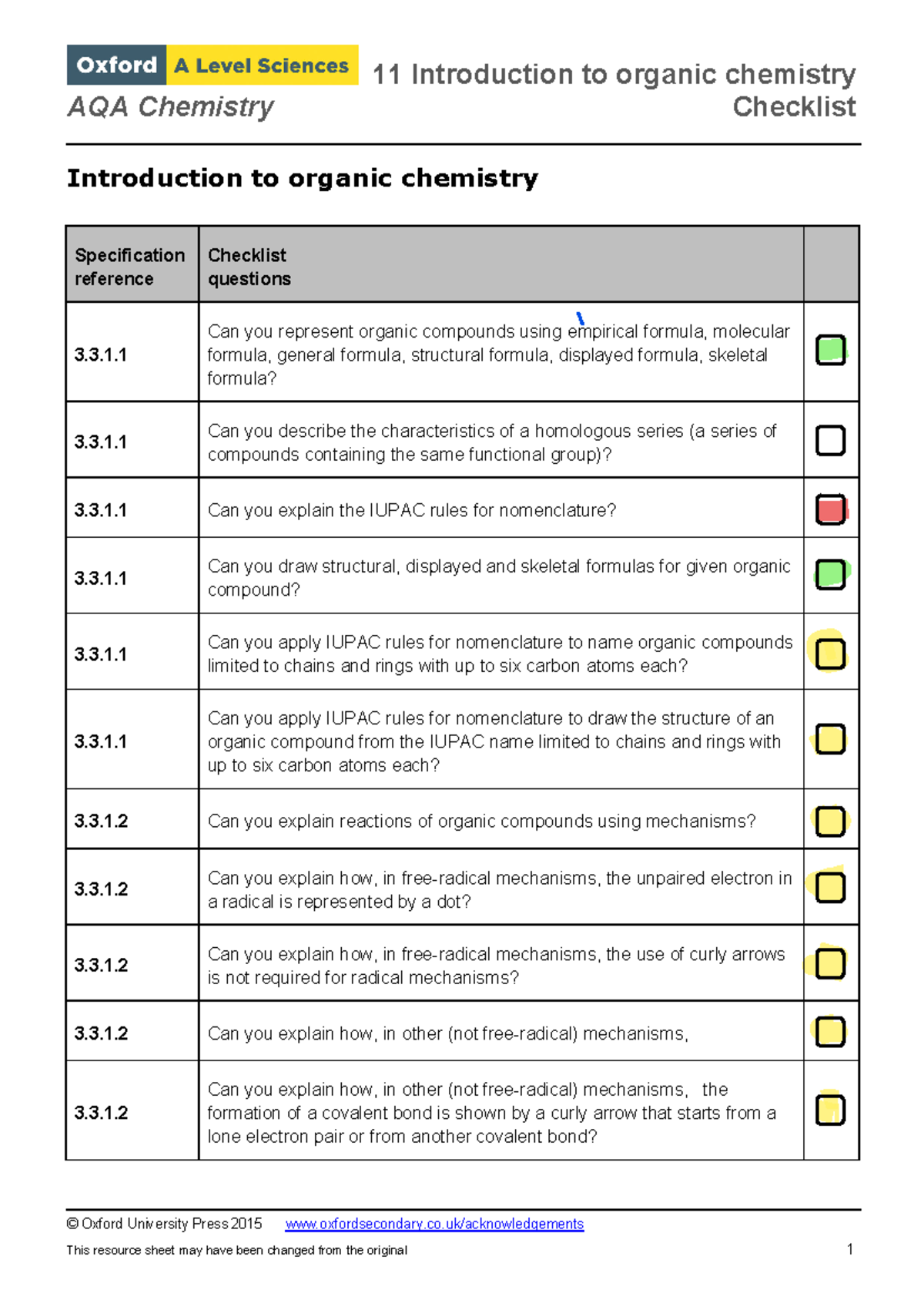 11 Organic Chemistry Checklist - 11 Introduction to organic chemistry ...
