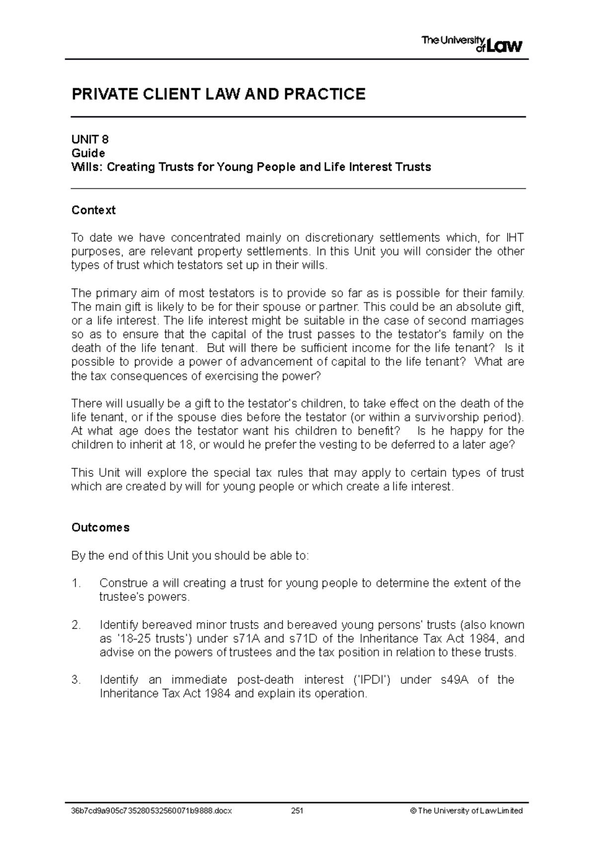 Workshop 8 - PRIVATE CLIENT LAW AND PRACTICE UNIT 8 Guide Wills: Creating Trusts for Young ...