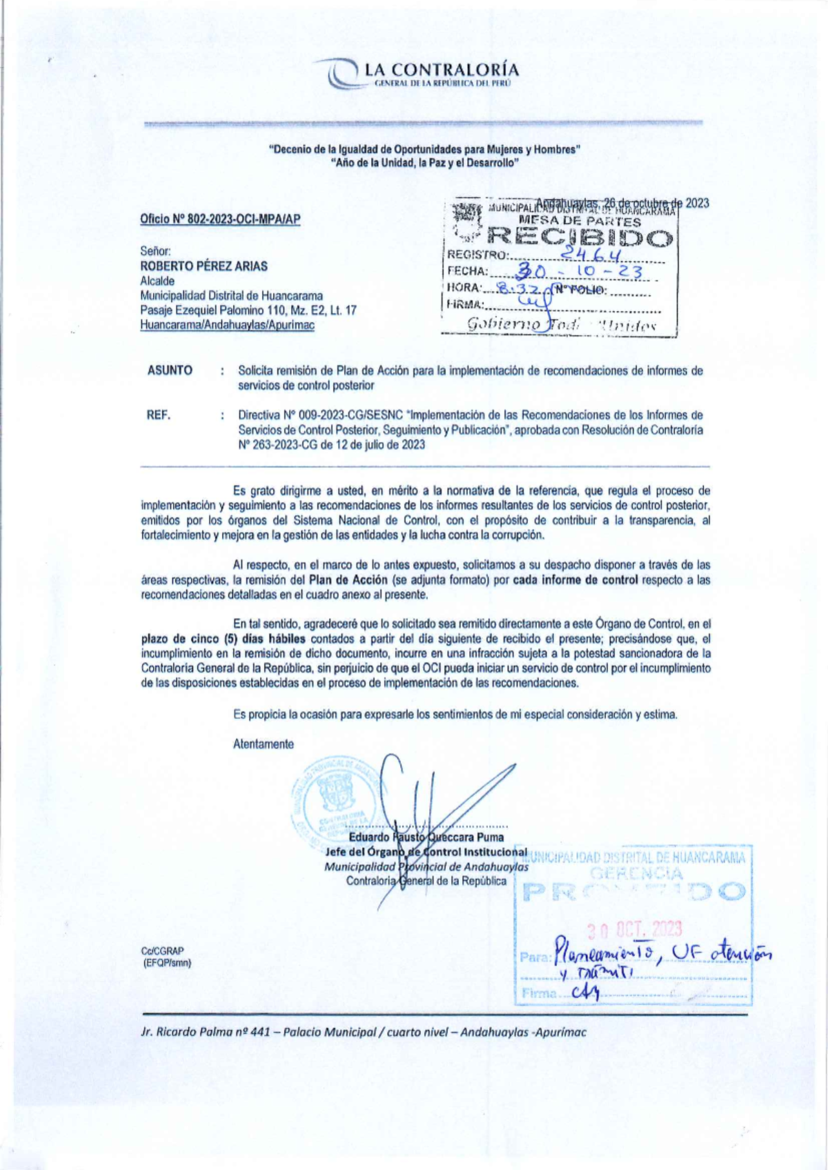 Oficio N° 802-2023-OCI-MPA PLAN DE Accion PARA Implementaciones DE ...