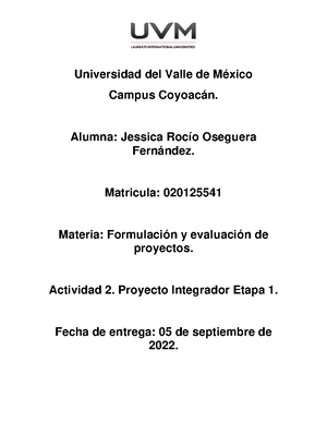 A#6 JROF - FORMULACION Y EVALUACION DE PROYECTOS - 1 Actividad 6 Nombre ...