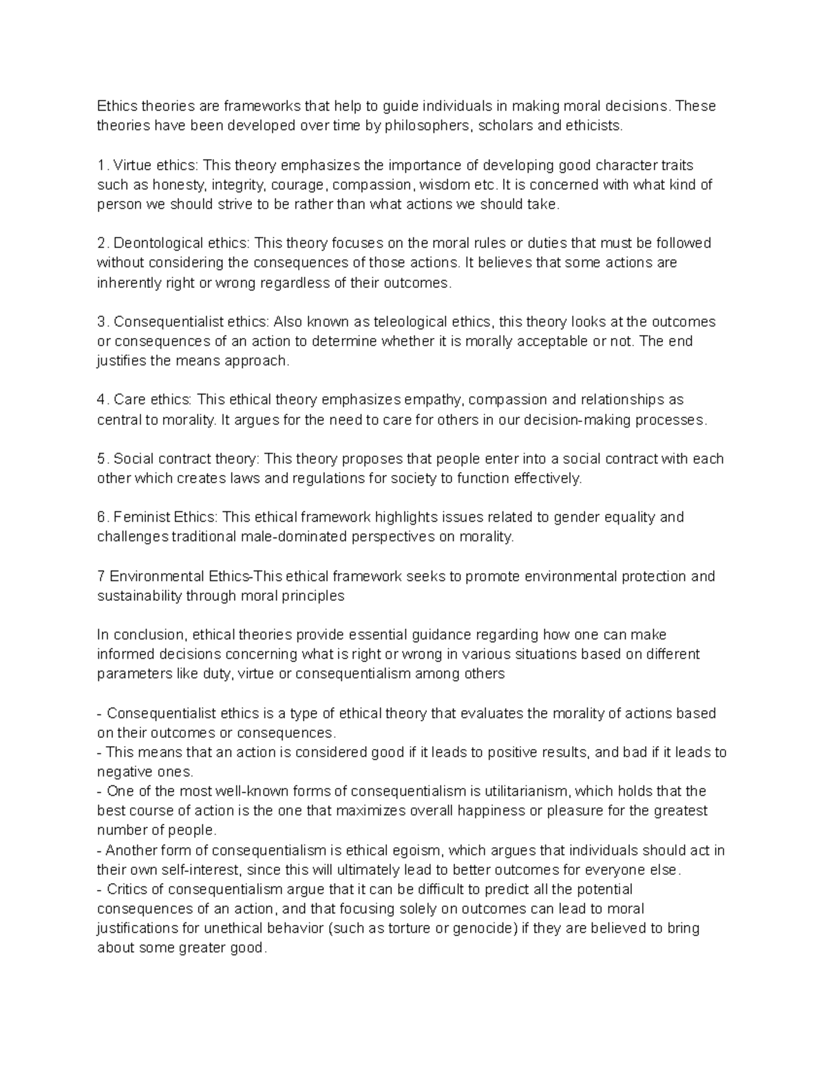 Notes for class multiple chapters - Ethics theories are frameworks that ...