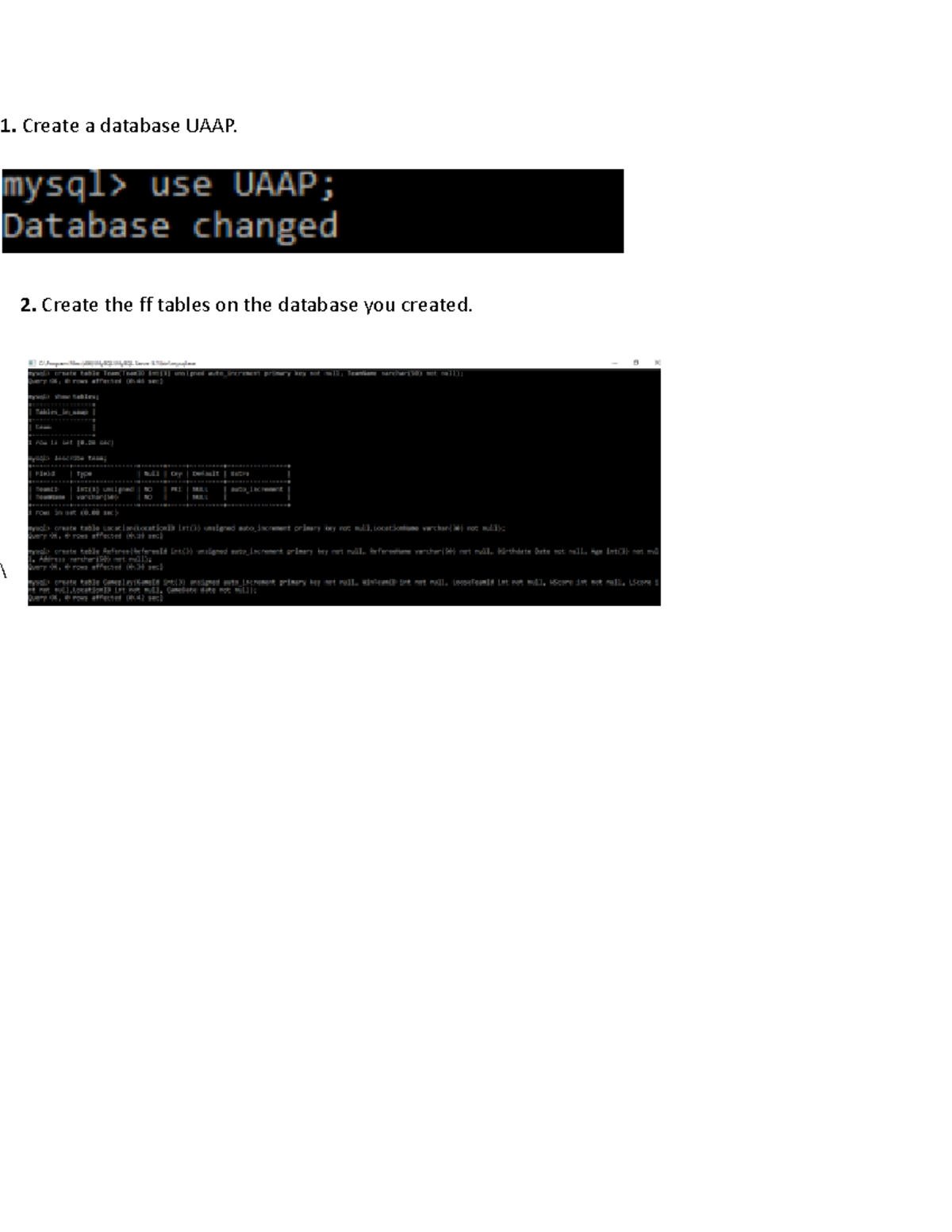 Sql Statements Create A Database Uaap Create The Ff Tables On The