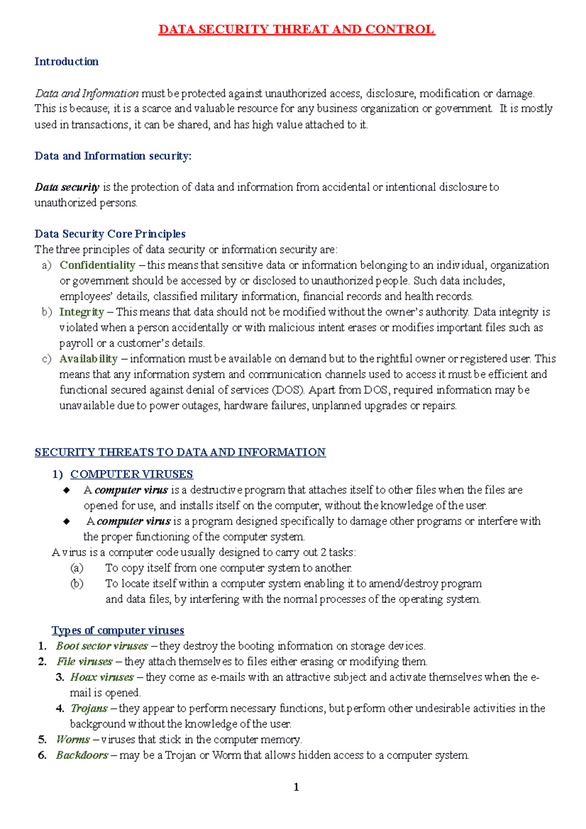 Security Threats AND Controls - DATA SECURITY THREAT AND CONTROL ...