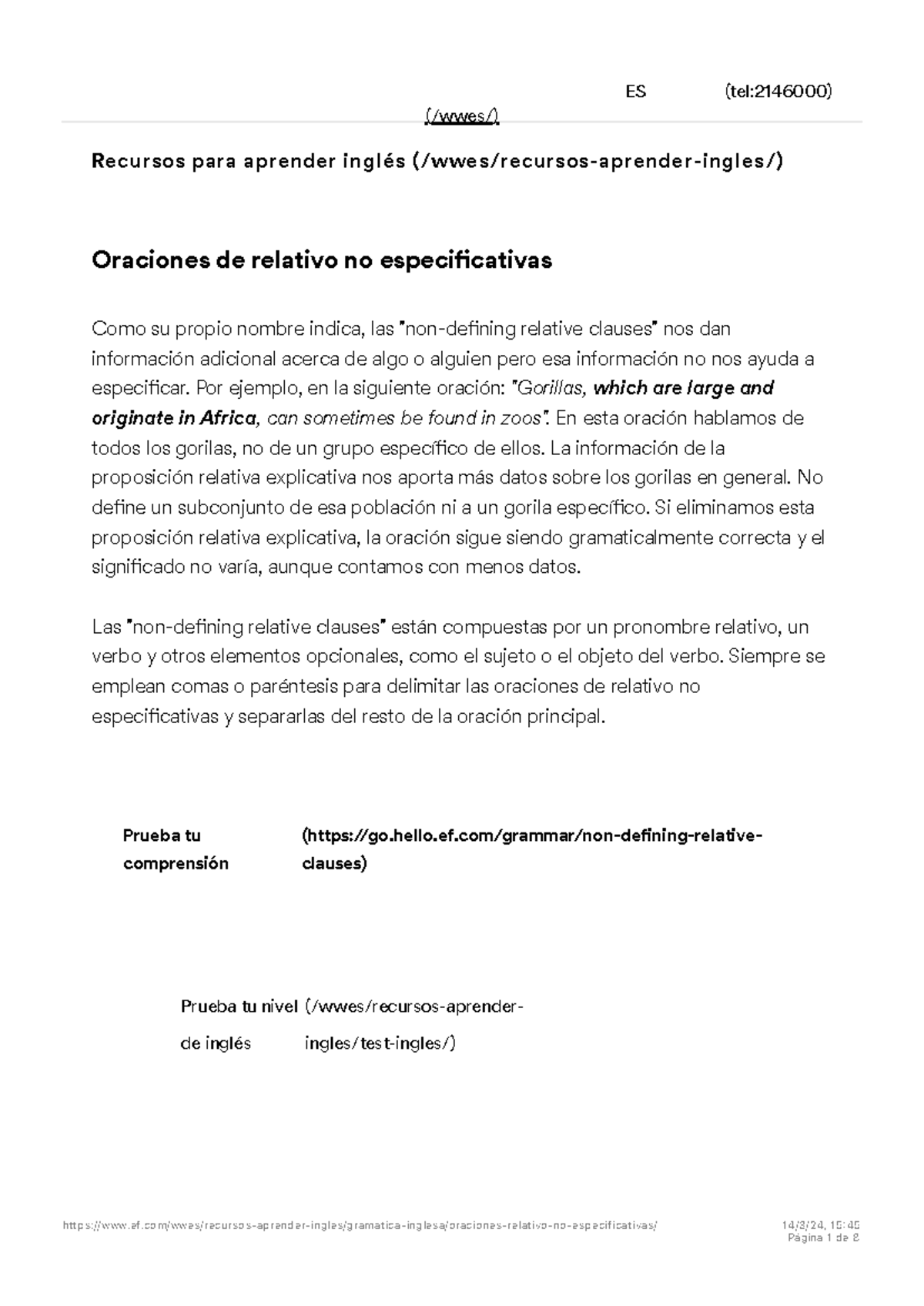 NON- Defining Relative Clauses - Oraciones de relativo no especi ...