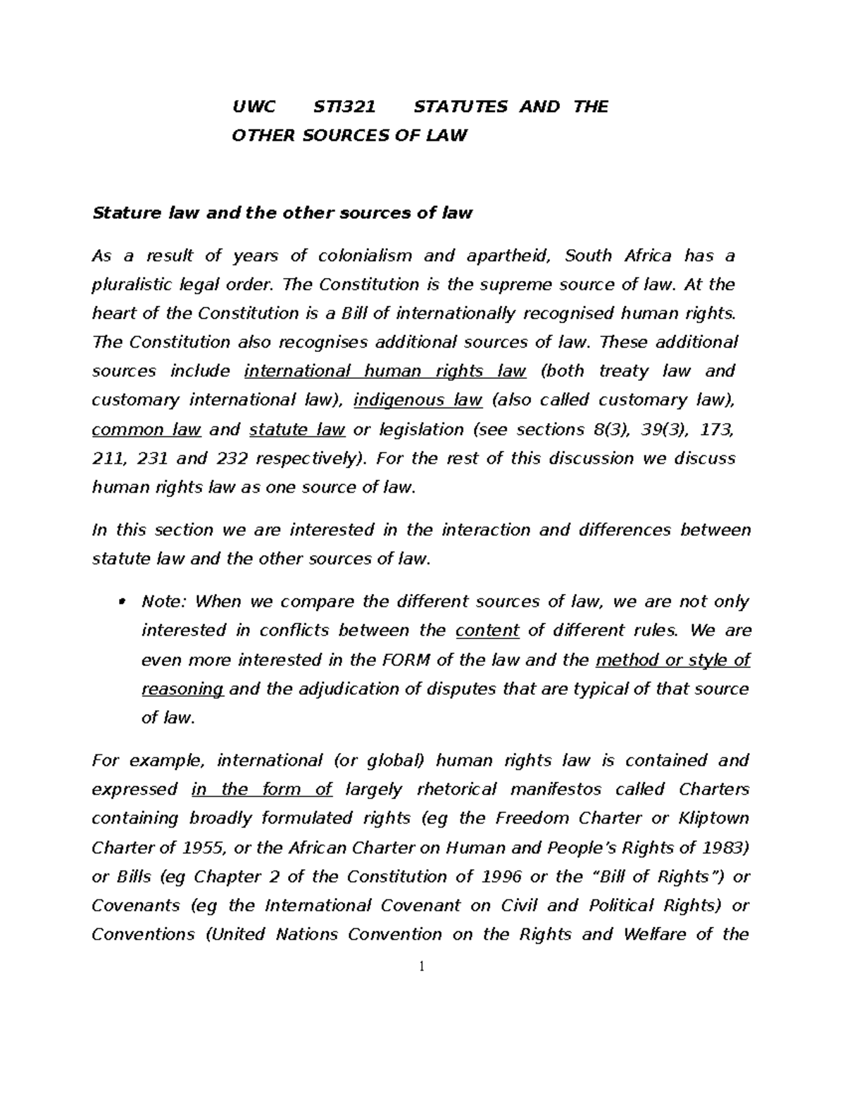 Statutes and other sources of law - UWC STI321 STATUTES AND THE OTHER ...