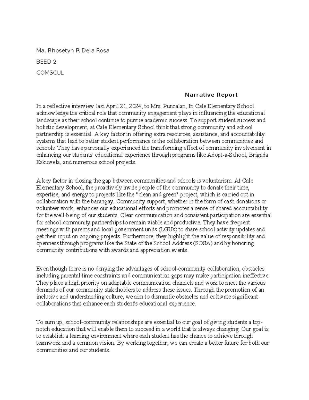 Narrative Report - comscul interview (tita ems) - Ma. Rhosetyn P. Dela ...