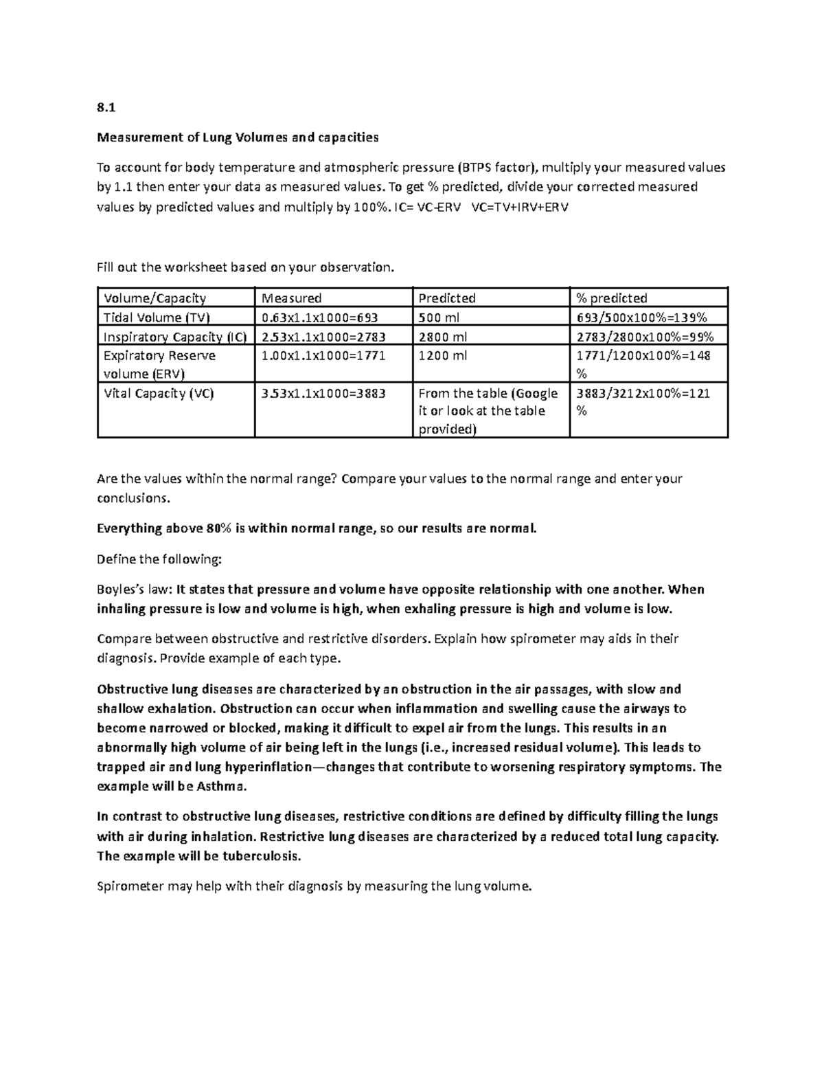 lab 8 respiratory - 8. Measurement of Lung Volumes and capacities To ...