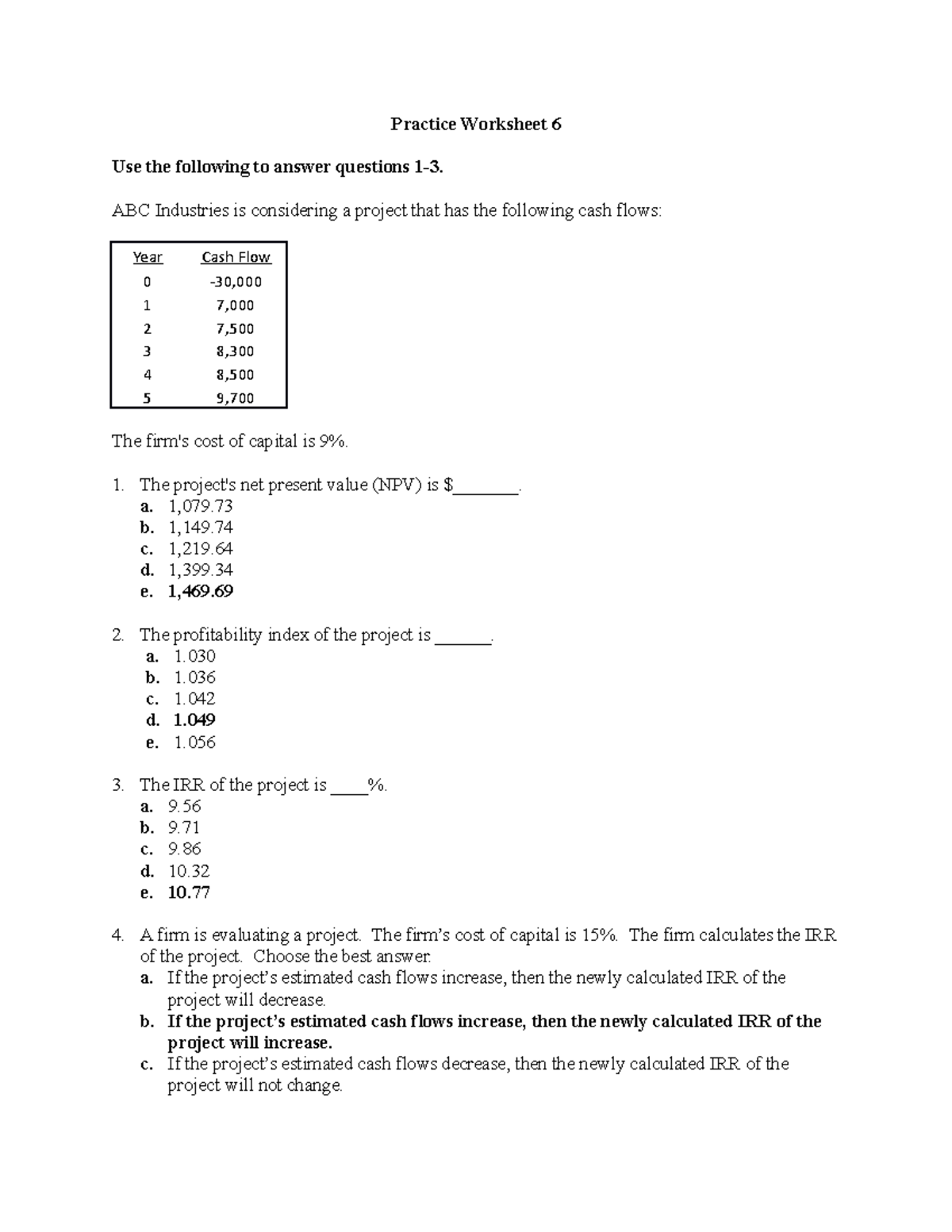 Practice Worksheet 6-Solutions - Practice Worksheet 6 Use the following ...