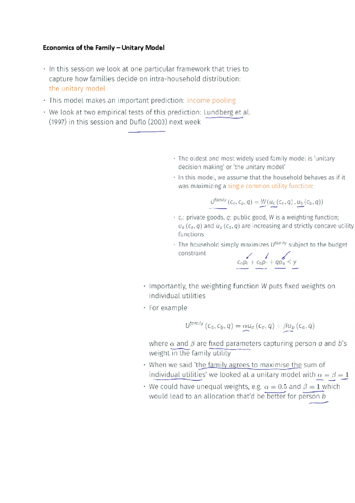 Econ of Fmaily - Unitary Model - ECNM10074 - Economics of the Family ...