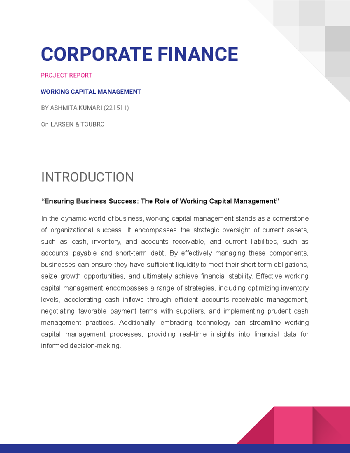 WCM Project Report - CORPORATE FINANCE PROJECT REPORT WORKING CAPITAL ...
