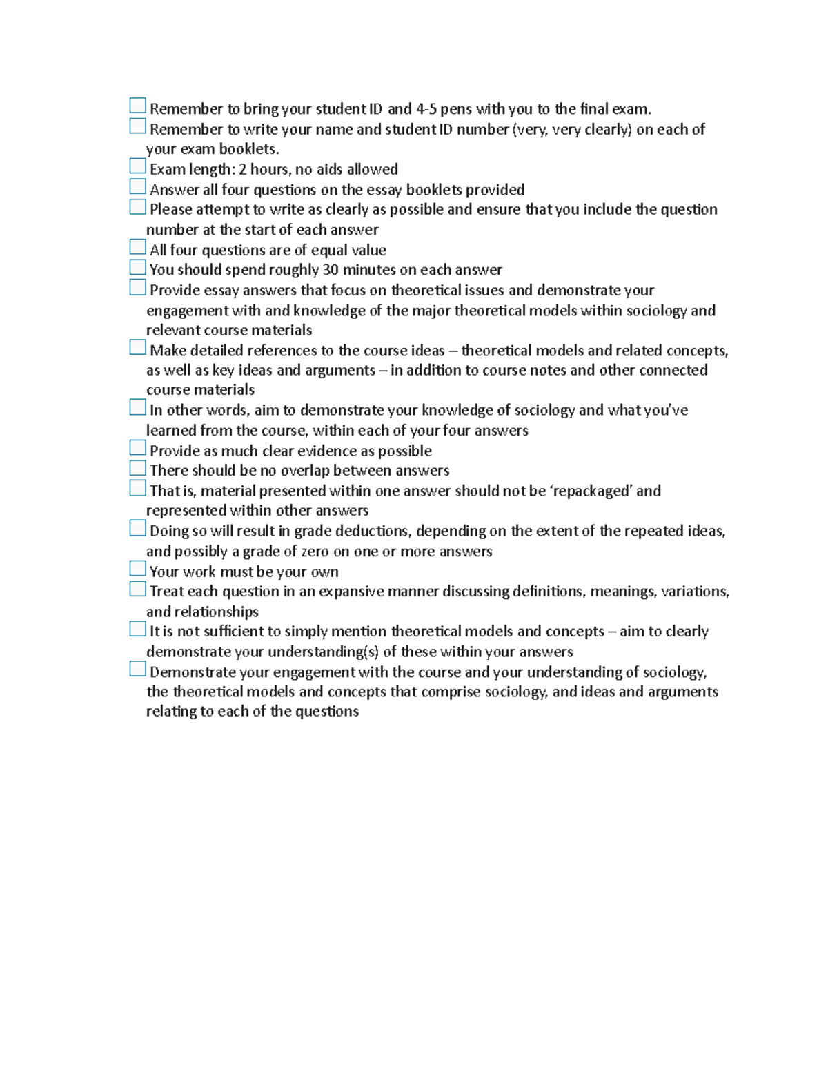 SY101 EXAM Checklist - WLU - Remember to bring your student ID and 4-5 ...