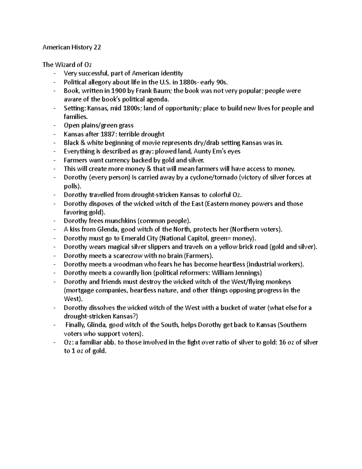 Wizard of Oz - Lecture notes 1 - American History 22 The Wizard of Oz ...