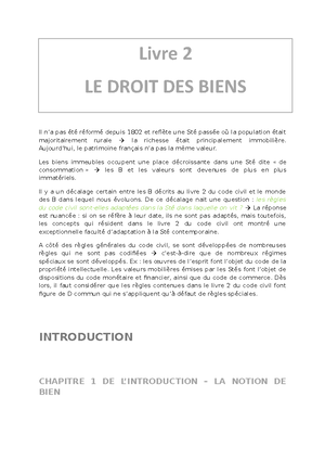 Partie 1 - notion de bien - COURS – DROIT CIVIL DES BIENS Introduction ...