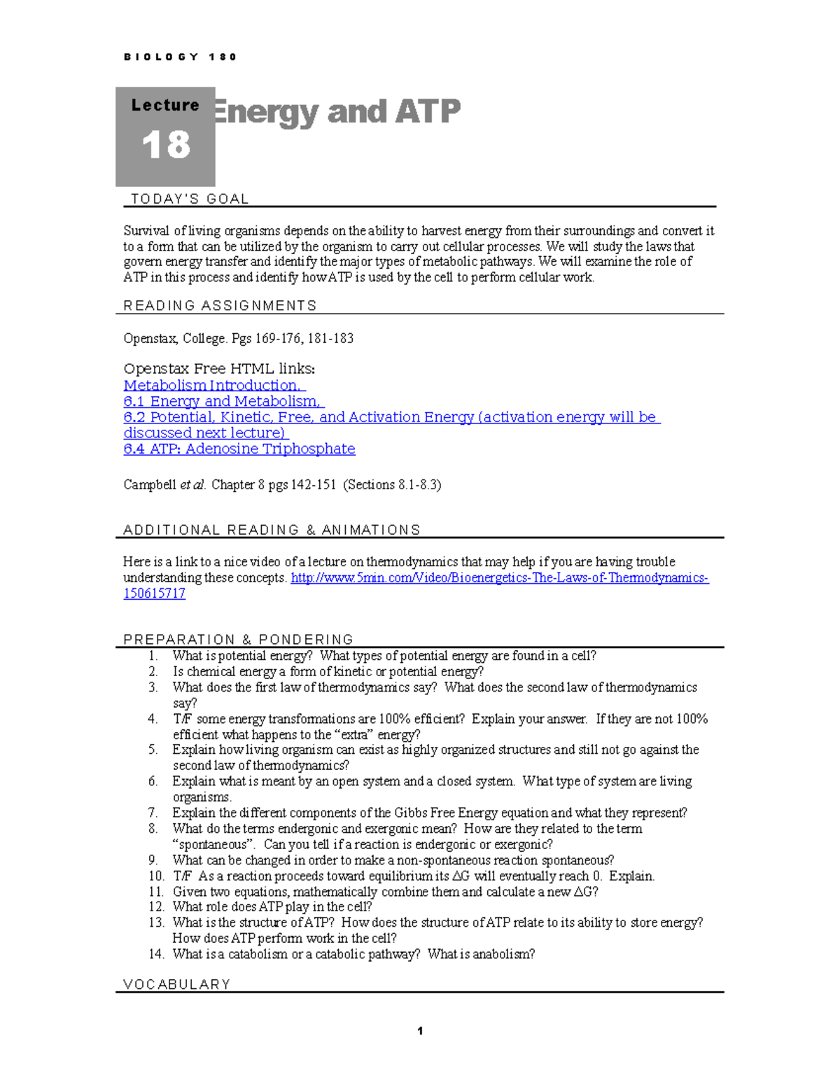 Topic Worksheet - B I O L O G Y 1 8 0 Free Energy and ATP T O D A Y ’ S ...
