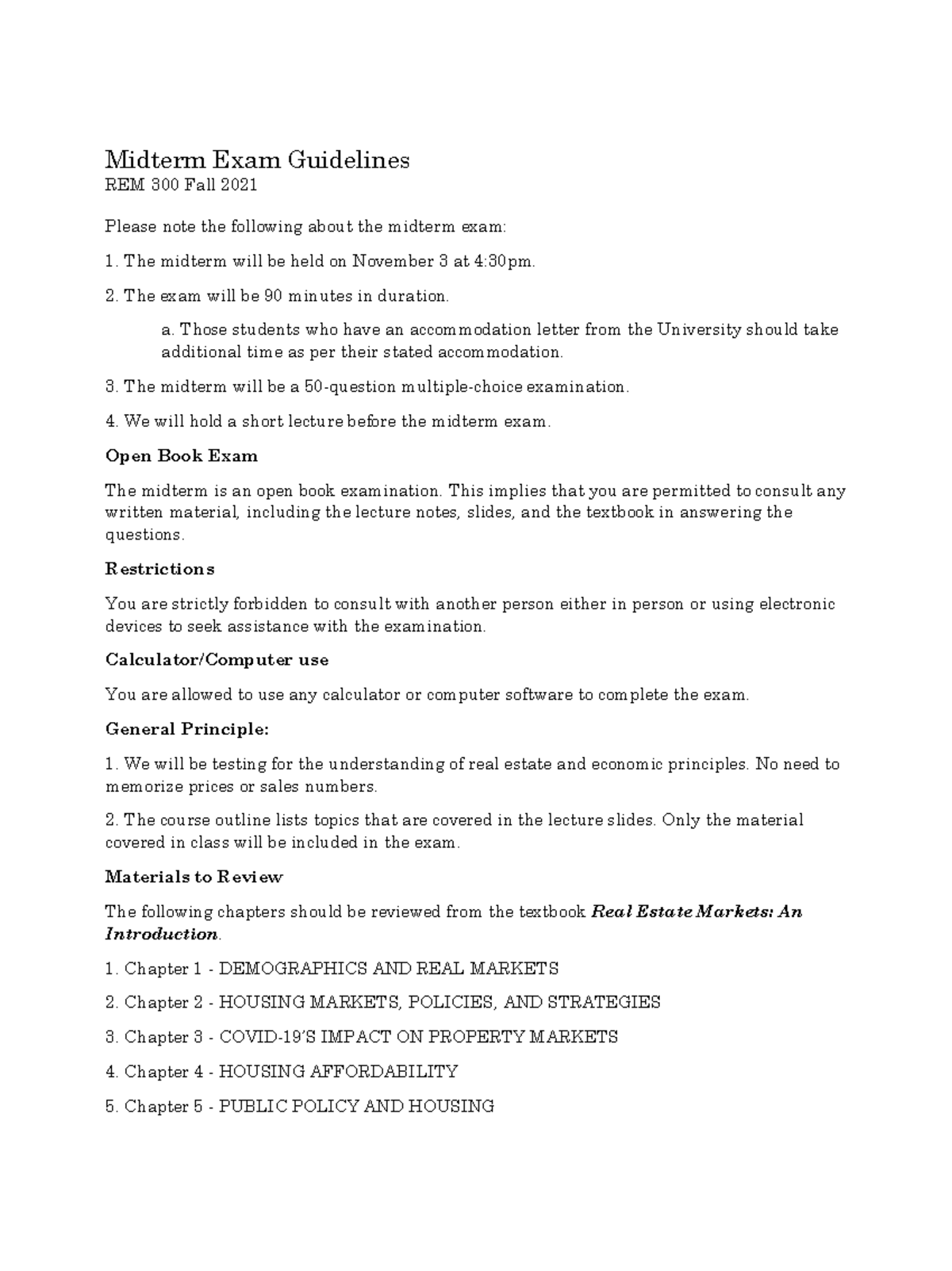 REM 300 Fall 2021 Midterm Exam Guidelines - Midterm Exam Guidelines REM 300 Fall 2021 Please ...