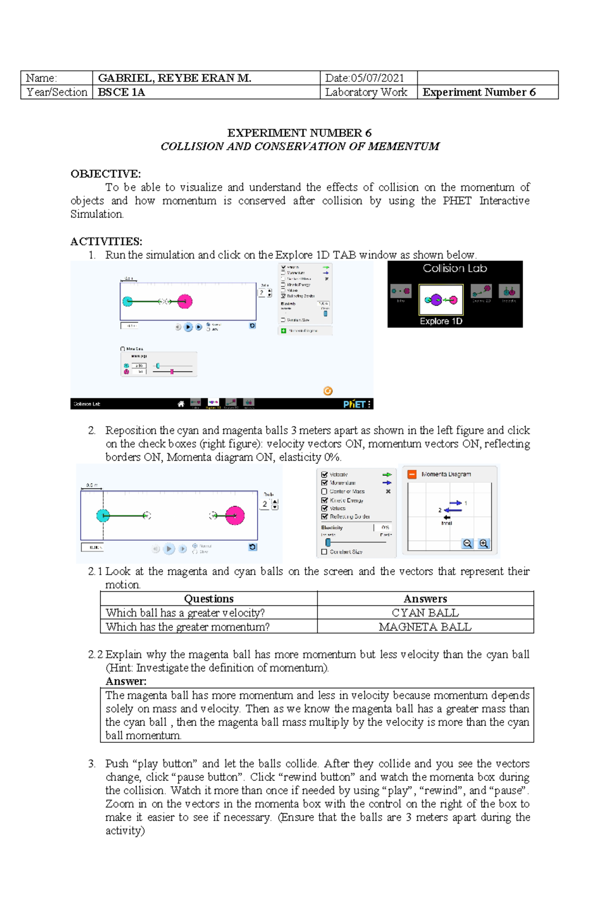 Physics for engineering, experiment 6 pressure - Name: GABRIEL, REYBE ...