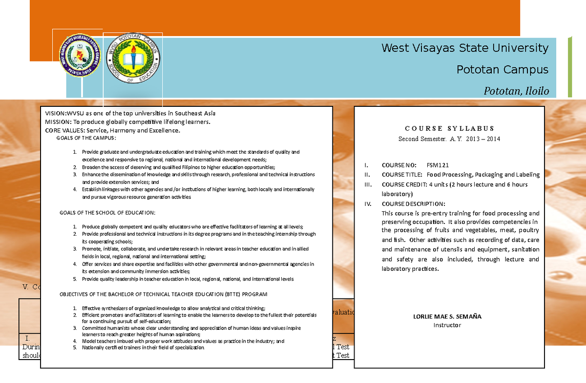 Food processing - V. Course Content: Objectives Content Outline ...