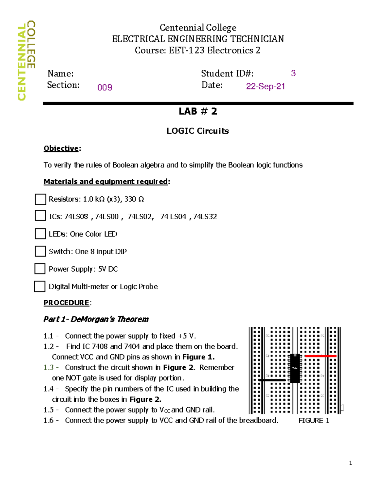 EET123 LAB 2 Logic Circuits- F21- Rev1 - Centennial College ELECTRICAL ENGINEERING TECHNICIAN ...
