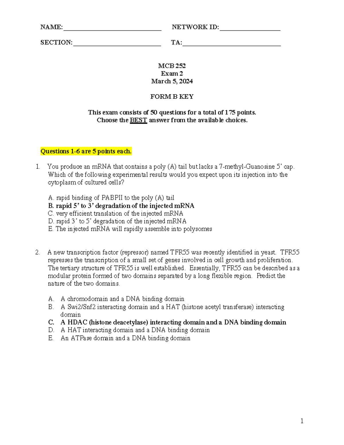 EXAM 2 FORM B KEY - exam key - NAME ...