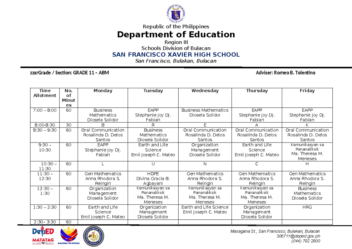 SHS Schedule Class Teachers A4 v2 - Masagana St., San Francisco ...