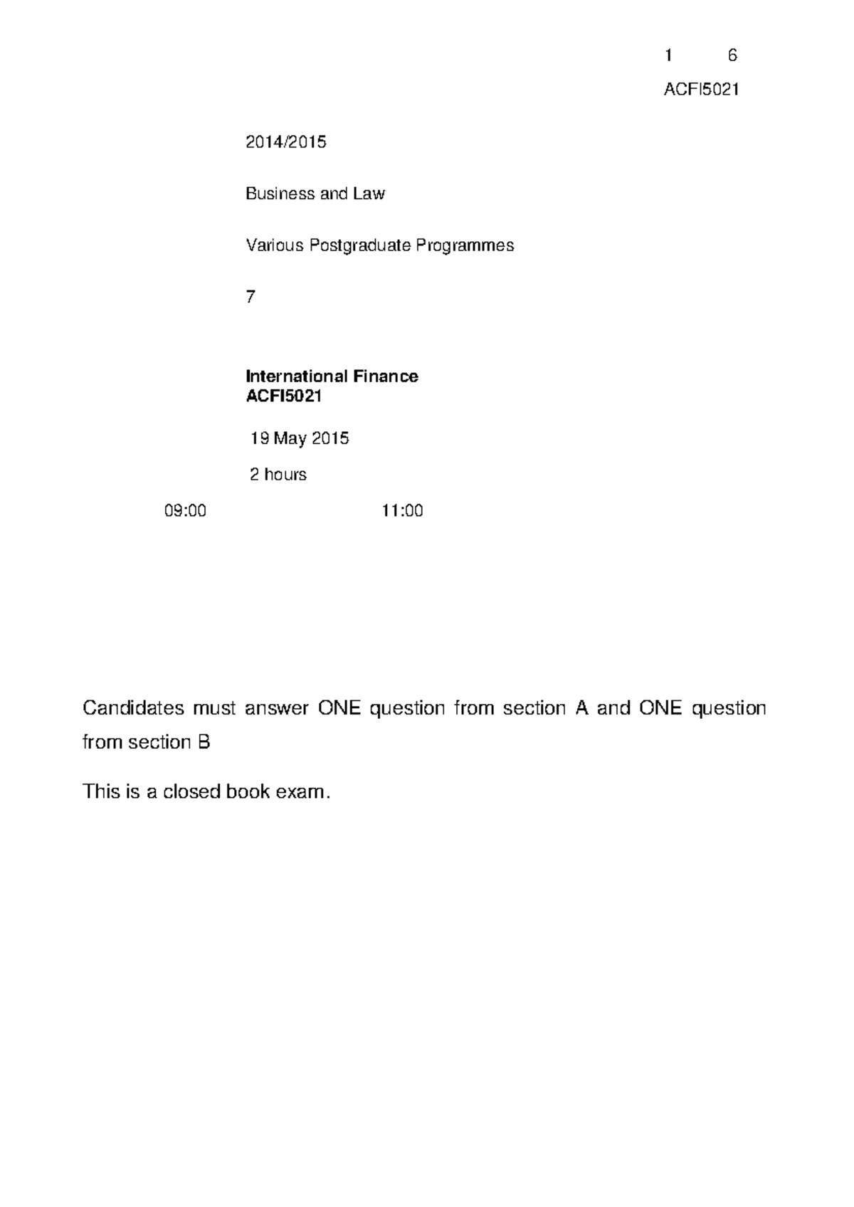 International Finance - 1 6 ACFI5021 2014/2015 Business and Law Various ...