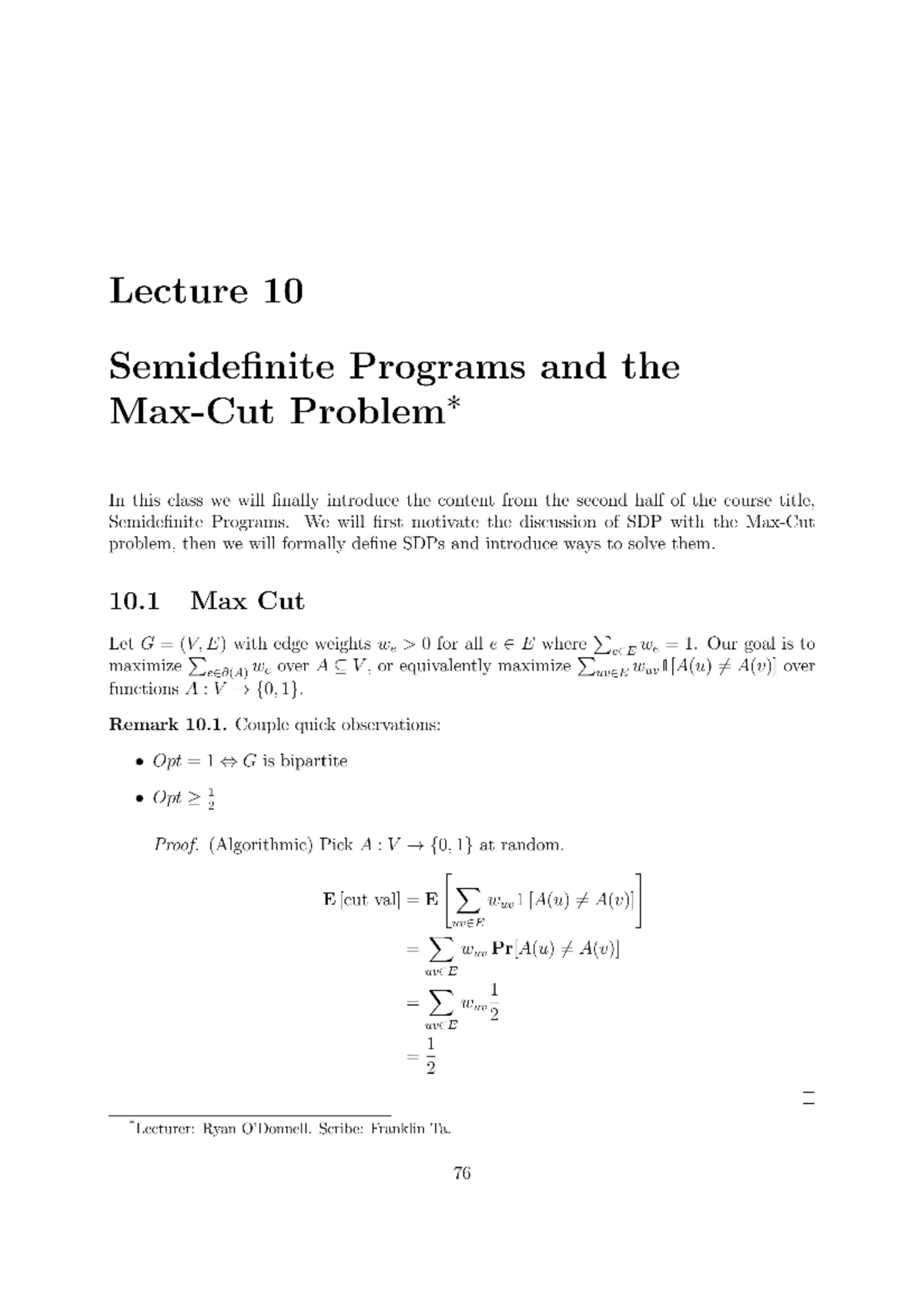 Lecture-10 Semidefinite Programs And The Max-Cut Problems - Linear Algebra - Studocu