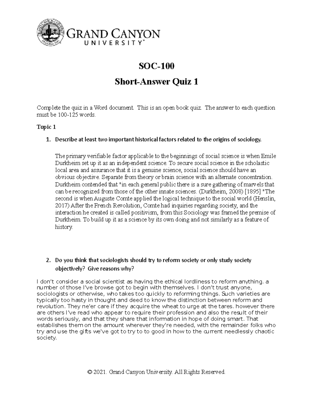 Soc week 1 quiz questions one through four - SOC-100 - GCU - Studocu