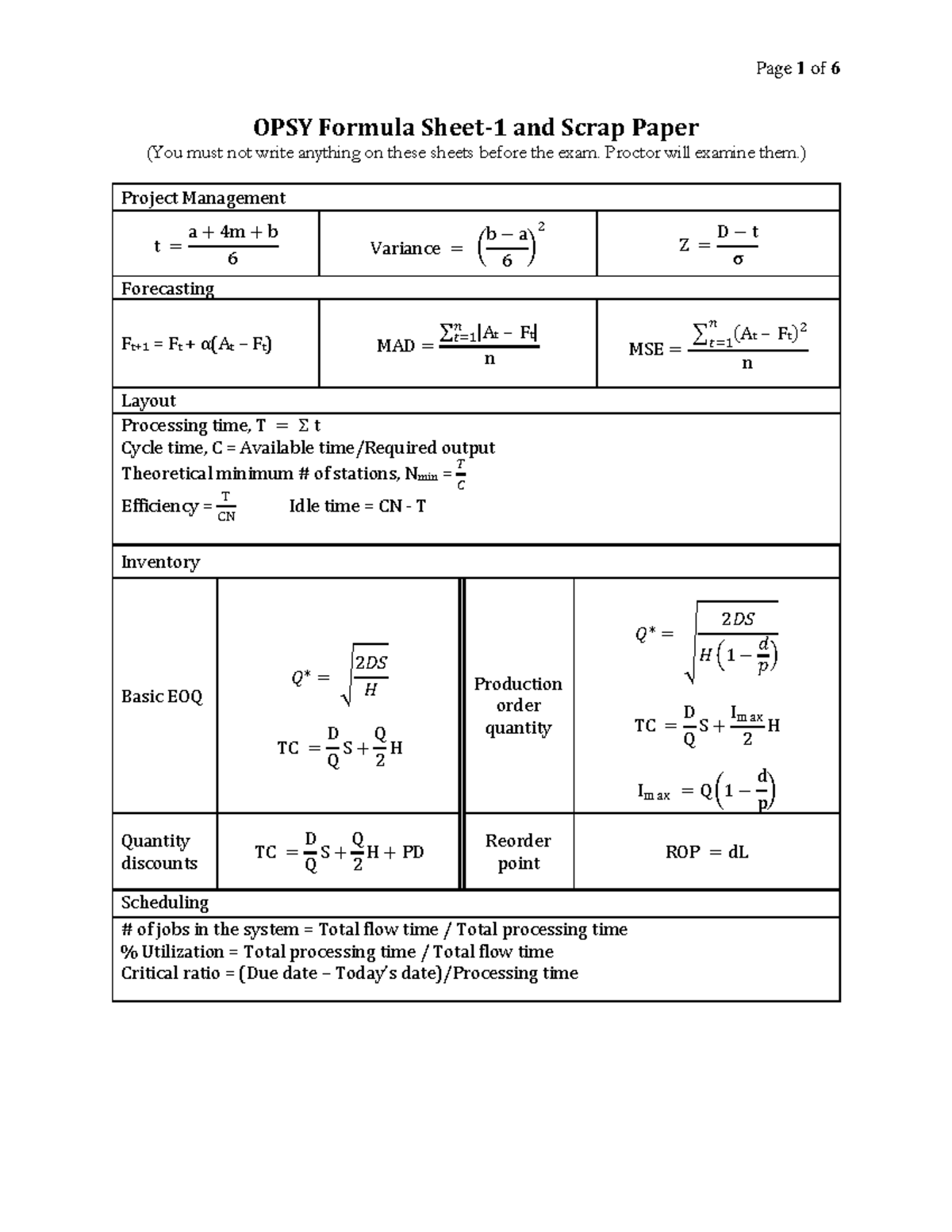 Formula sheet 1 and scrap paper for Exams 1 and 2 - OPSY Formula Sheet ...