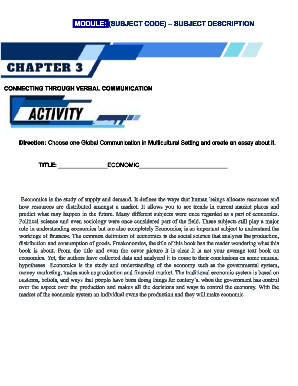 Activity 3 - MODULE: (SUBJECT CODE) SUBJECT DESCRIPTION CHAPTER 3 ...