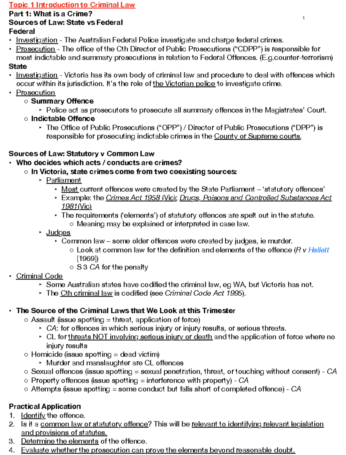 Law5001-Study - Topic 1 Introduction to Criminal Law Part 1: What is a Crime? Sources of Law ...