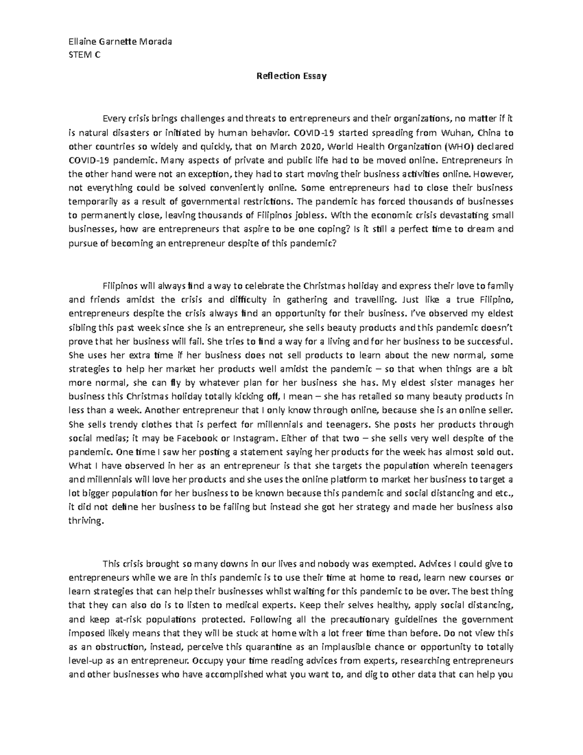 Entrep Reflection Essay - Ellaine Garnette Morada STEM C Reflection ...