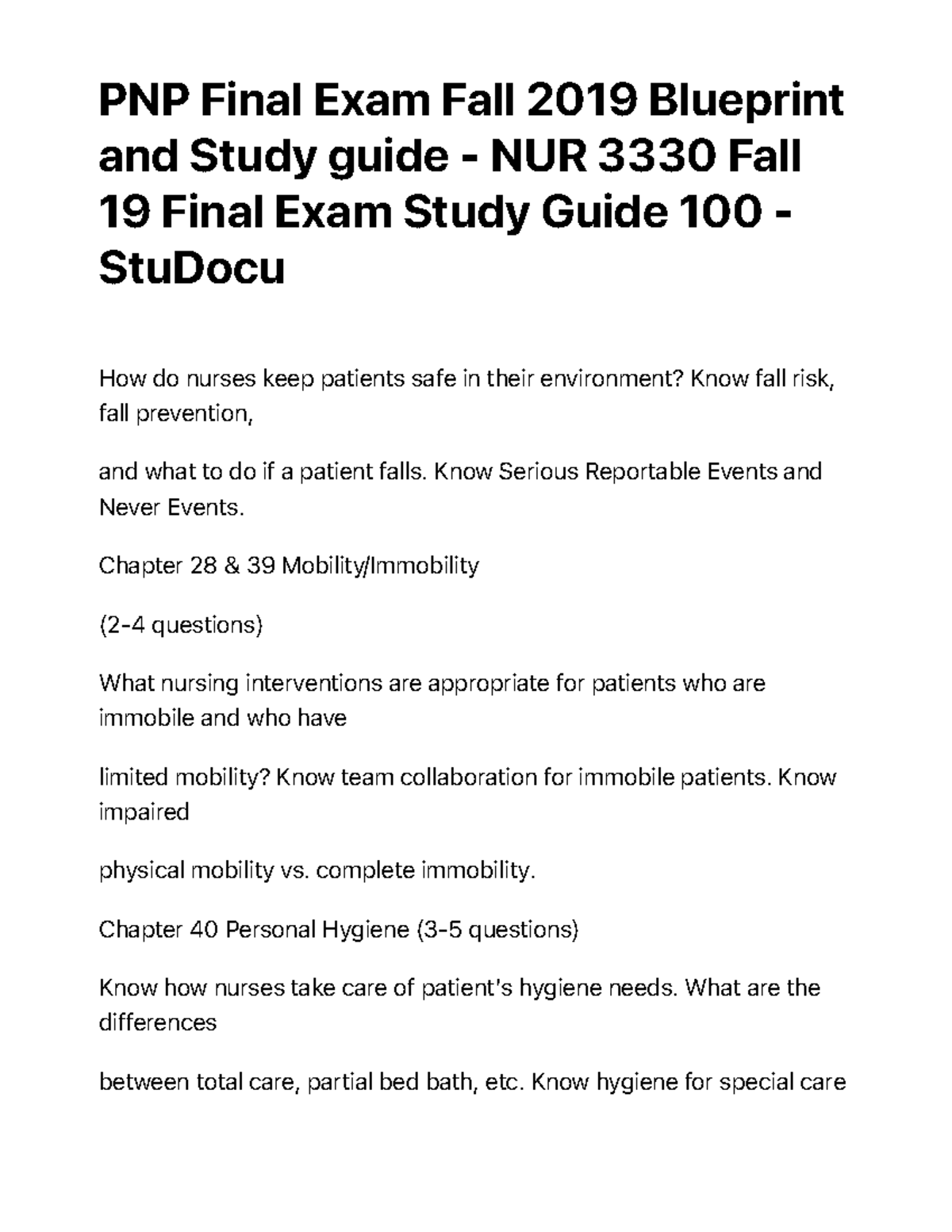 PNP Final Exam Fall 2019 Blueprint and Study guide - NUR 3330 Fall 19 ...