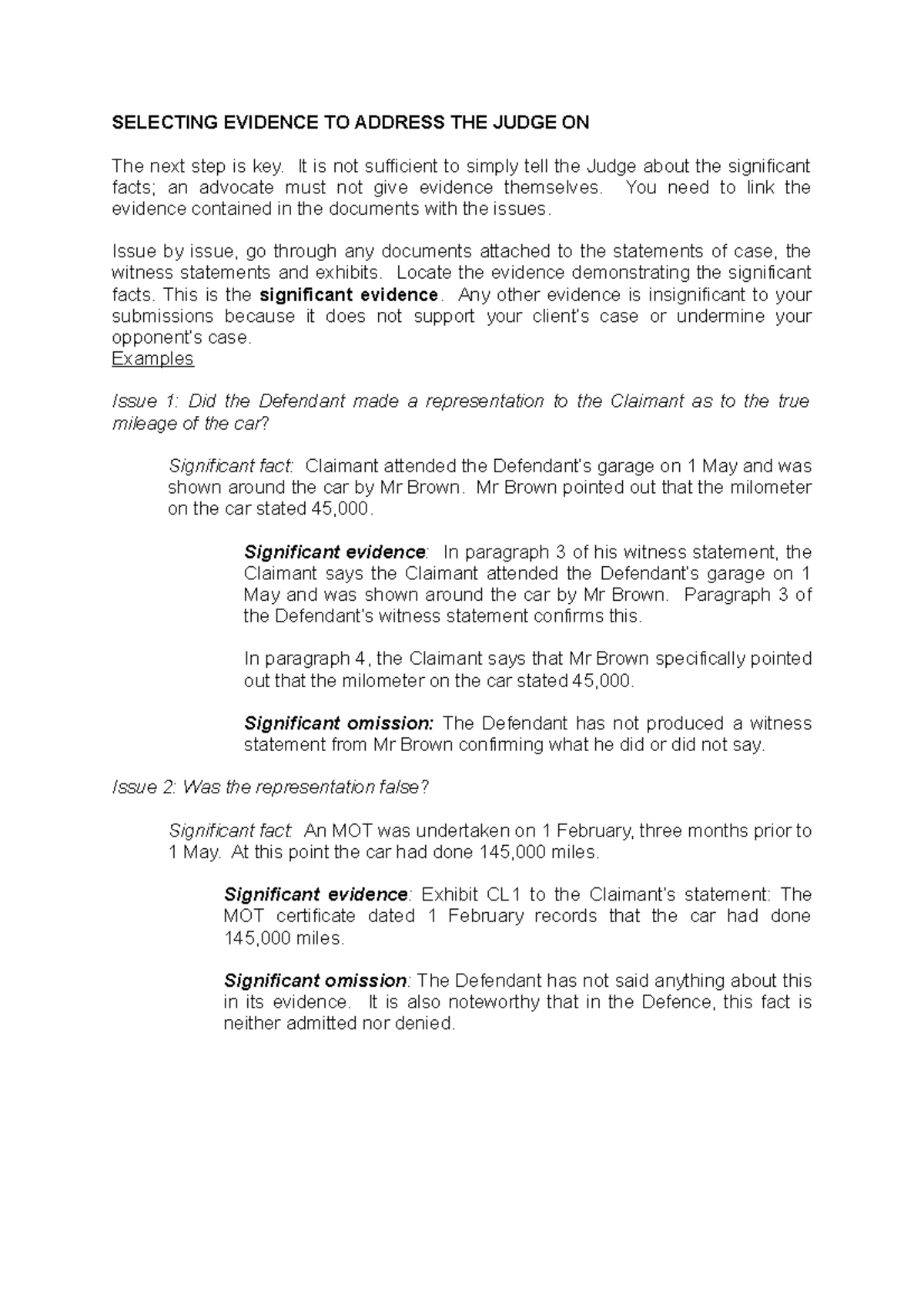 Selecting evidence to address the Judge on - SELECTING EVIDENCE TO ...