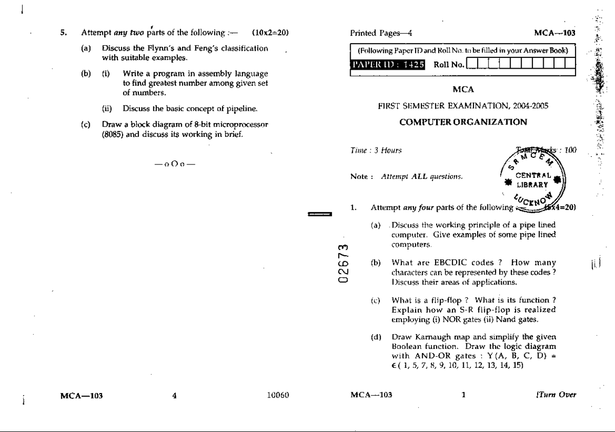 Computer Organization (MCA-103) 2004-05 - Mtech - Studocu