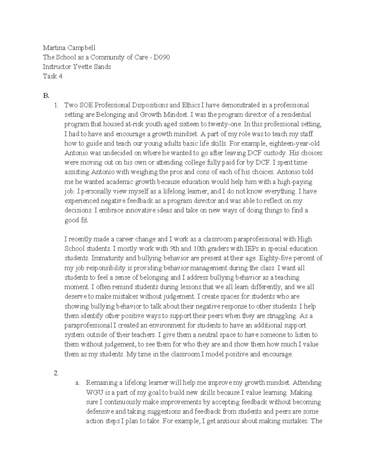 D090 Task 4 - Passed! - Martina Campbell The School as a Community of ...