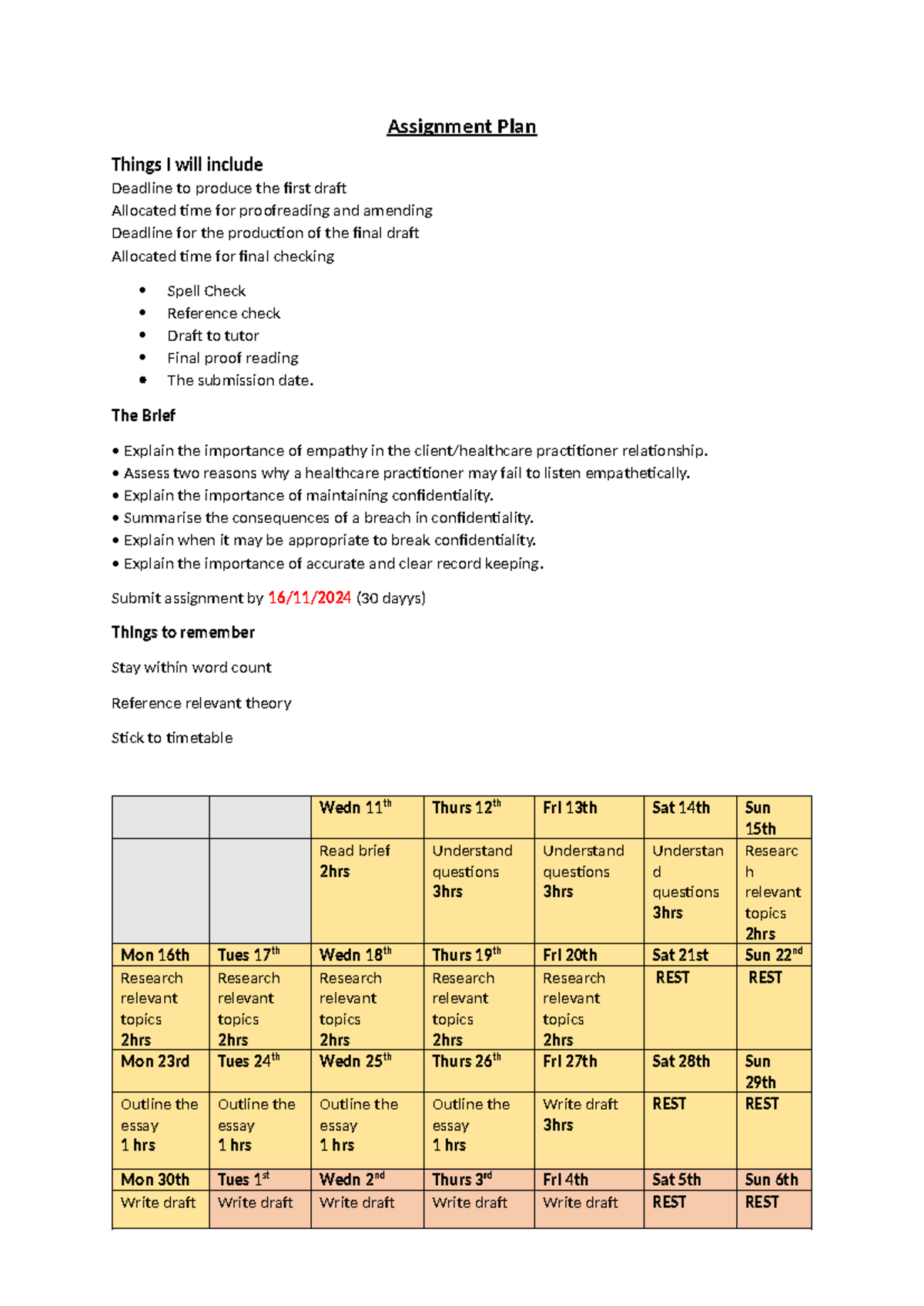 Assignment Plan - Assignment Plan Things I will include Deadline to ...