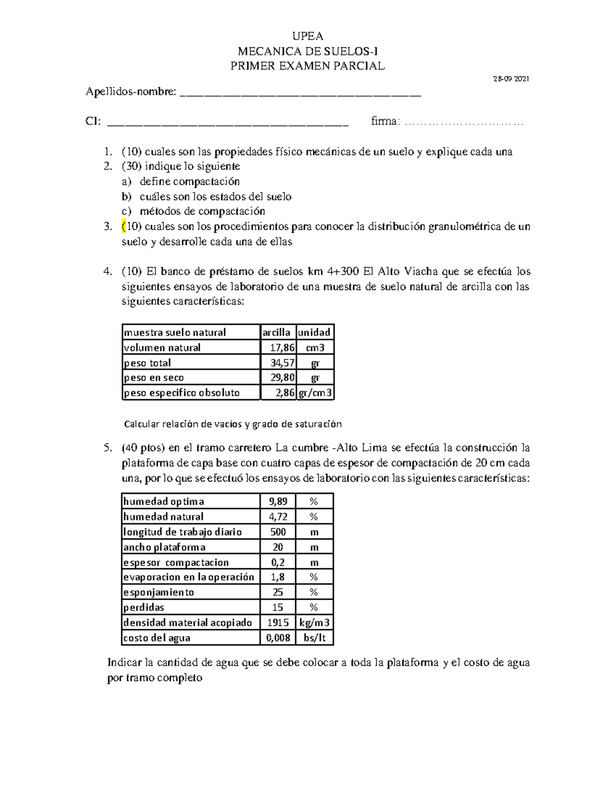 1P Suelos-I 28-9-201 - UPEA MECANICA DE SUELOS-I PRIMER EXAMEN PARCIAL ...