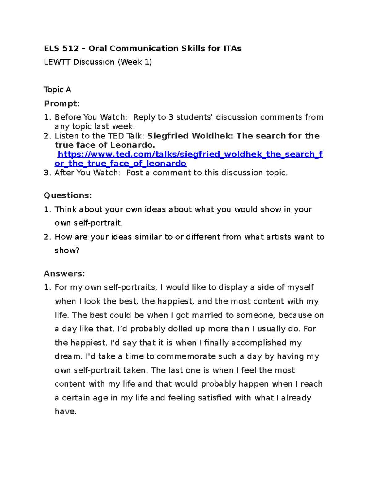 ELS 512 Discussion (Week 1-3) - ELS 512 – Oral Communication Skills for ITAs LEWTT Discussion ...