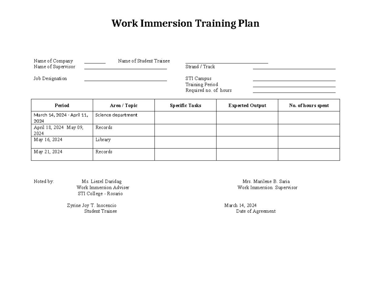 Training Plan SHS 1 - mwah - Work Immersion Training Plan Name of ...