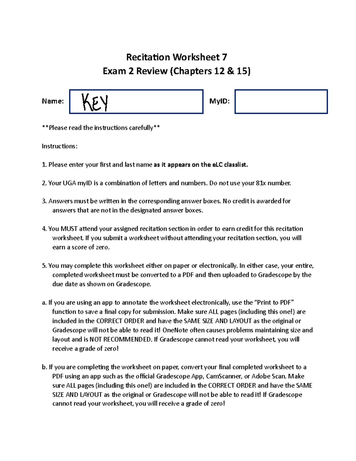 Recitation 7 Key - Exam 2 review - RecitaƟon Worksheet 7 Exam 2 Review ...