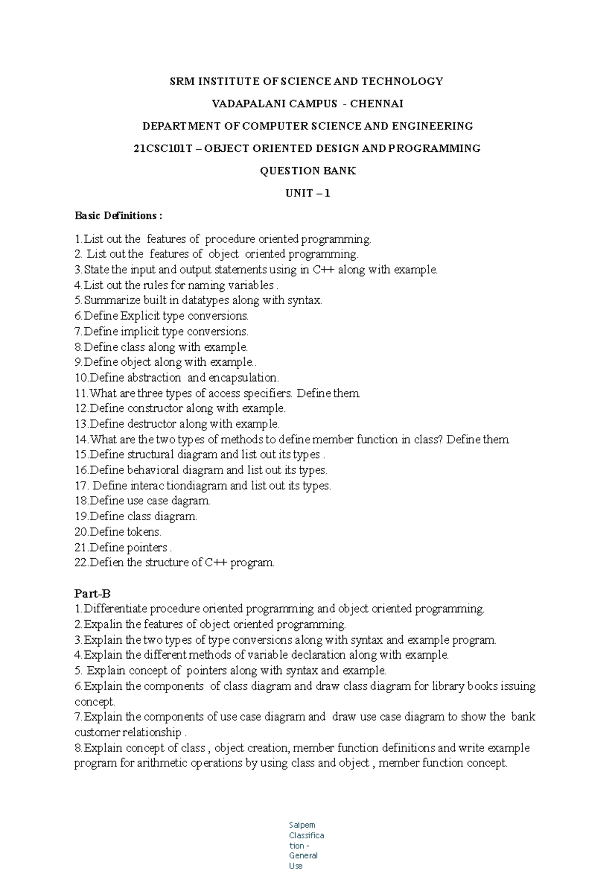 UNIT 1 Question BANK - SRM INSTITUTE OF SCIENCE AND TECHNOLOGY ...