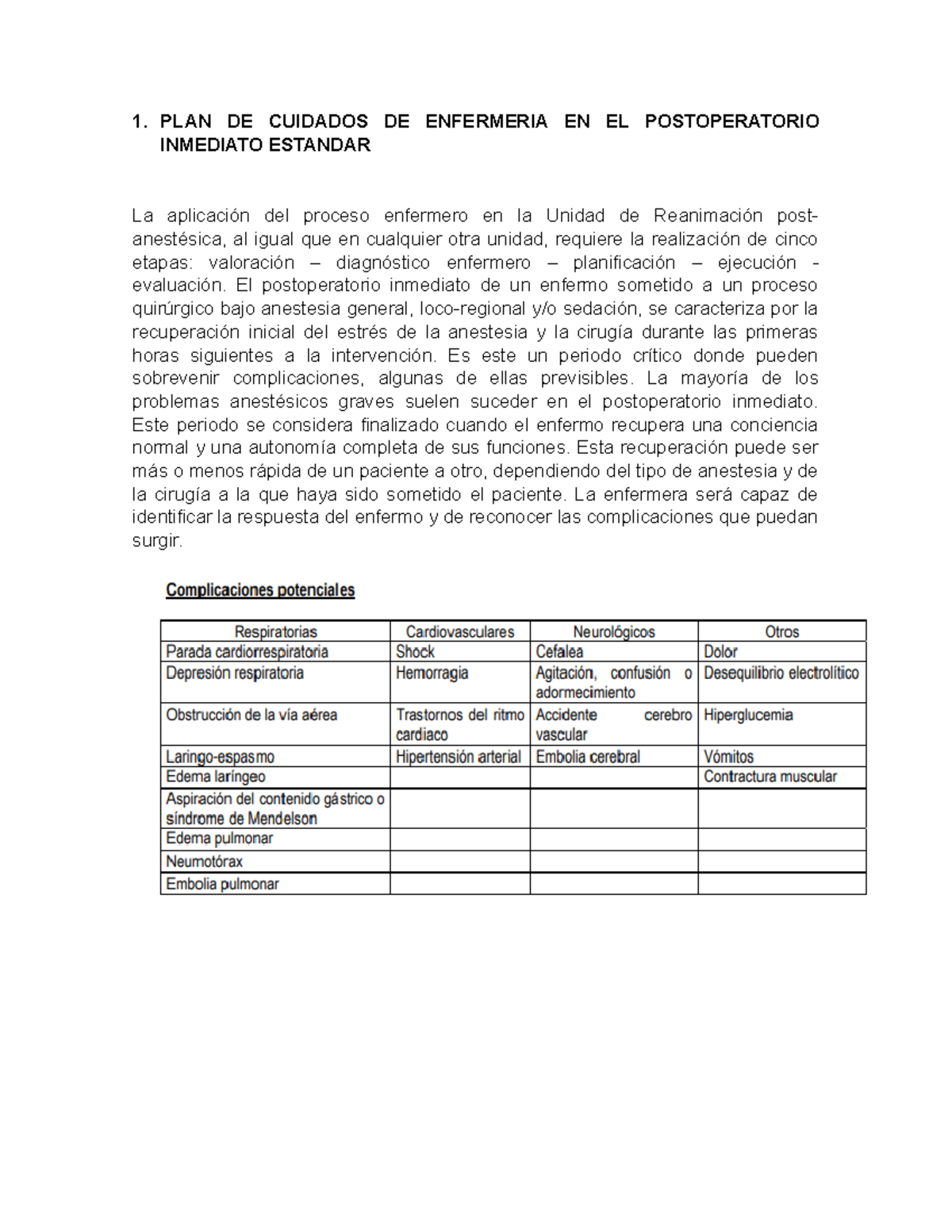 PLAN DE Cuidados DE Enfermeria EN EL Postoperatorio Inmediato Estandar ...