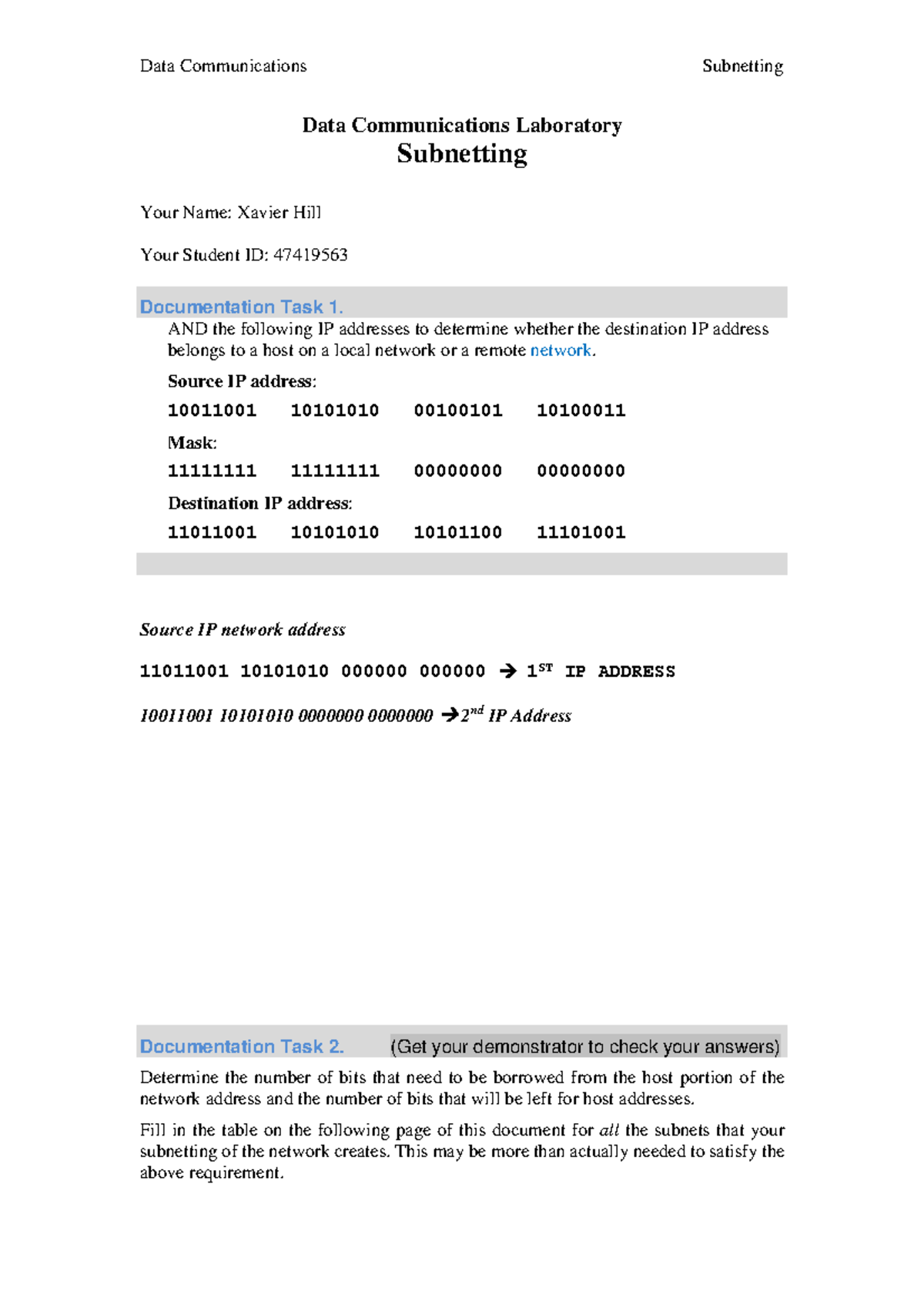 Practical Subnetting Documentation Template Data Communications Laboratory Subnetting Your