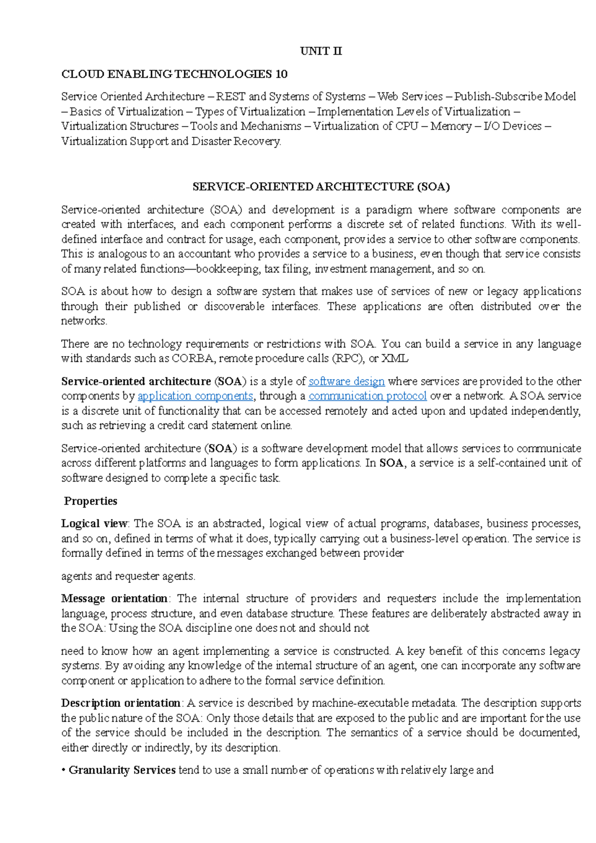 Unit Ii Notes For Cc Unit Ii Cloud Enabling Technologies 10 Service Oriented Architecture