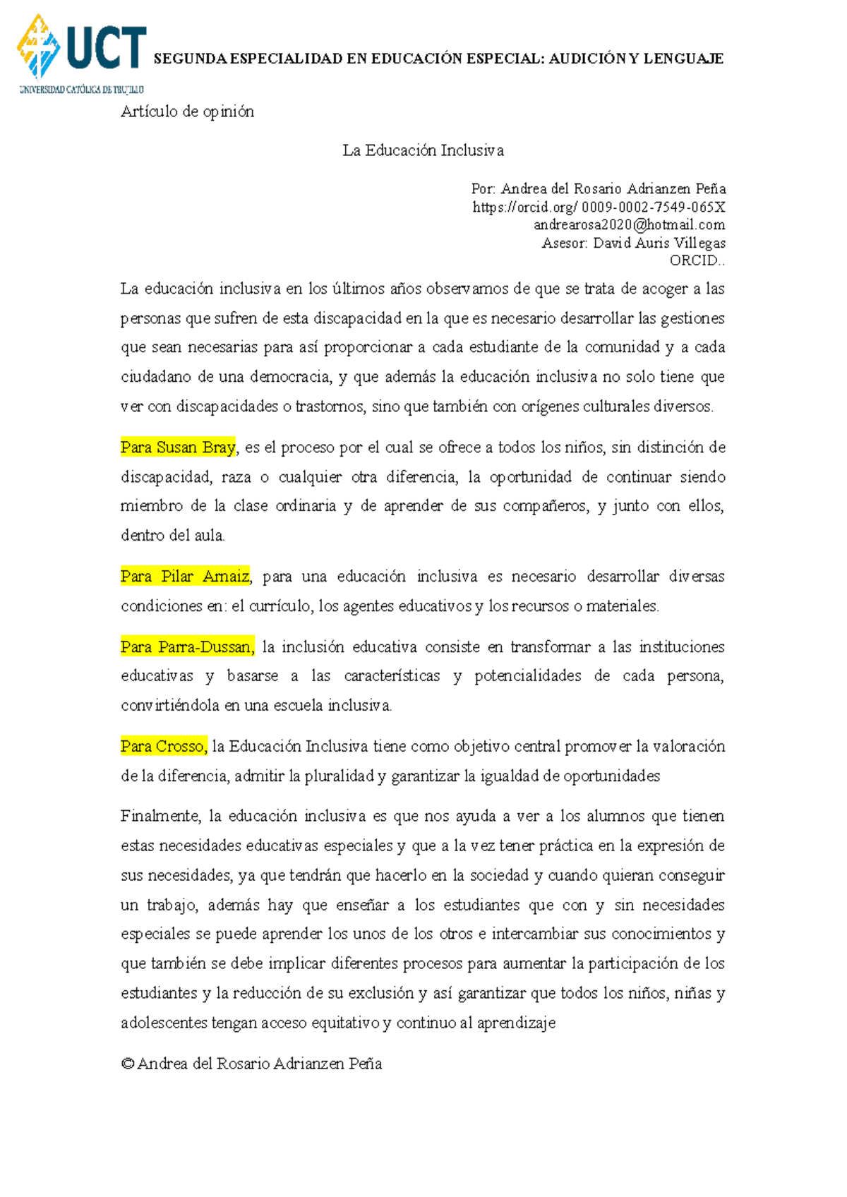 Articulo DE Opinion Sobre Educacion Inclusiva ( Andrea Adrianzen PEÑA ...