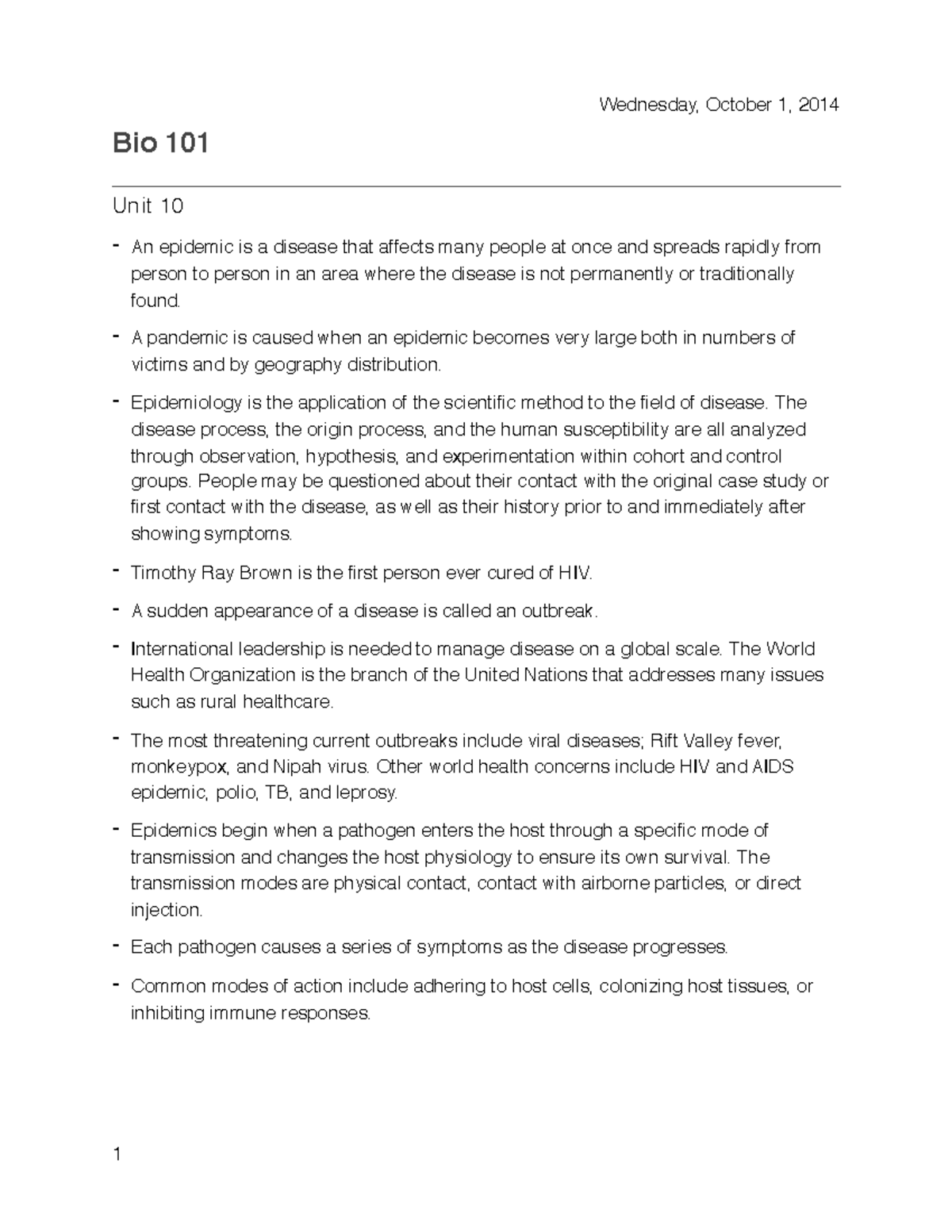Unit 10 - Lecture notes 10 - Wednesday, October 1, 2014 Bio 101 Unit 10 ...
