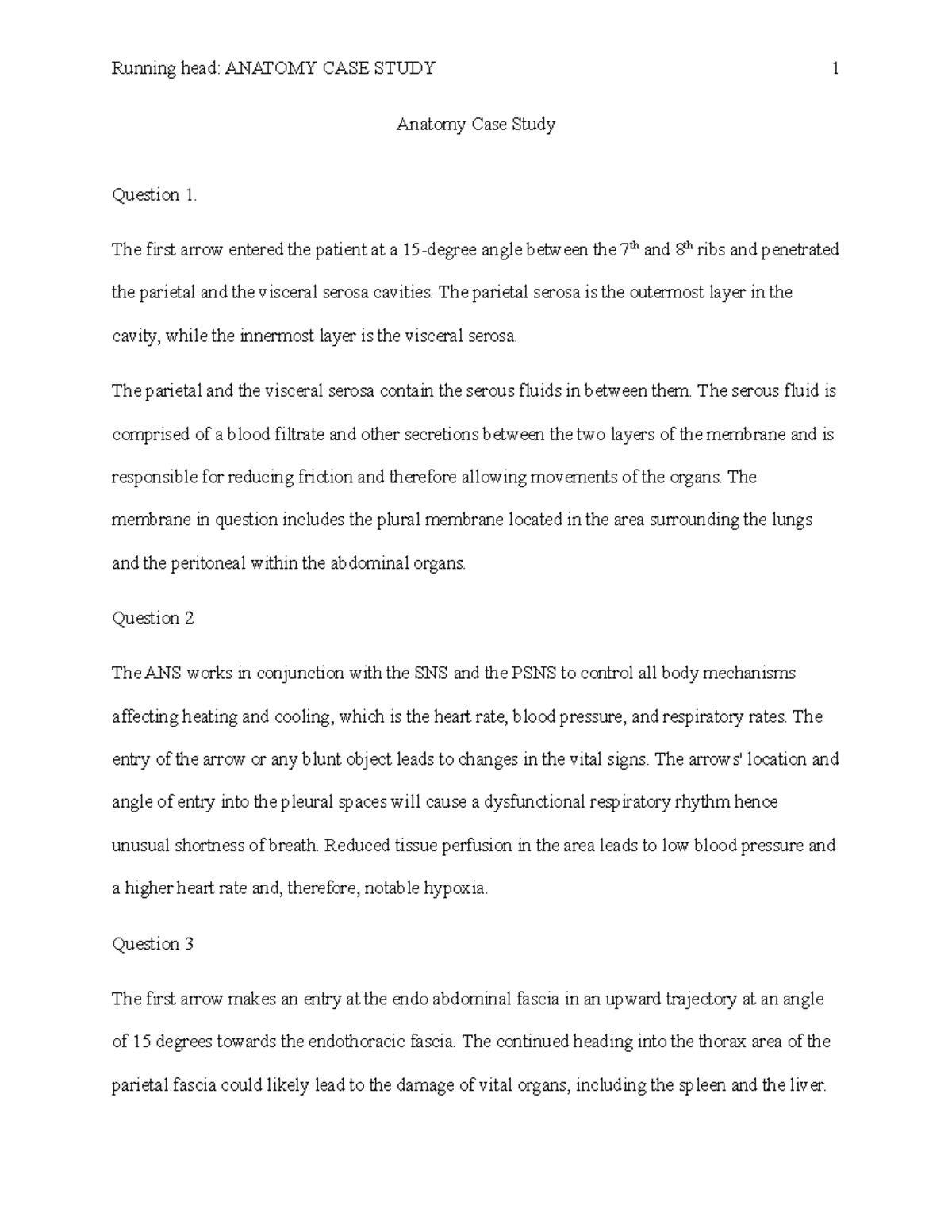 Anatomy Case Study Questions - Running head: ANATOMY CASE STUDY 1 ...